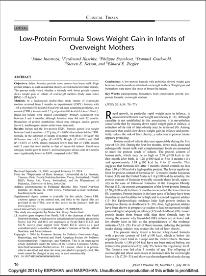 Low-Protein Formula Slows Weight Gain in Infants of Overweight Mothers